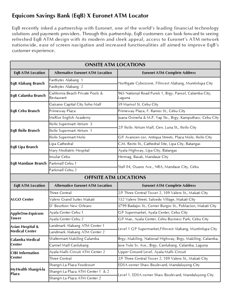 Equicom Savings Bank ATM Upgrade Schedule - Equicom Savings Bank