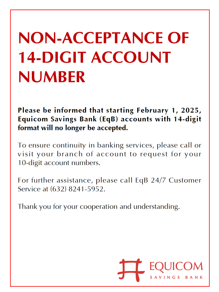 Notice on Non-Acceptance of 14-Digit Account Number - Equicom Savings Bank