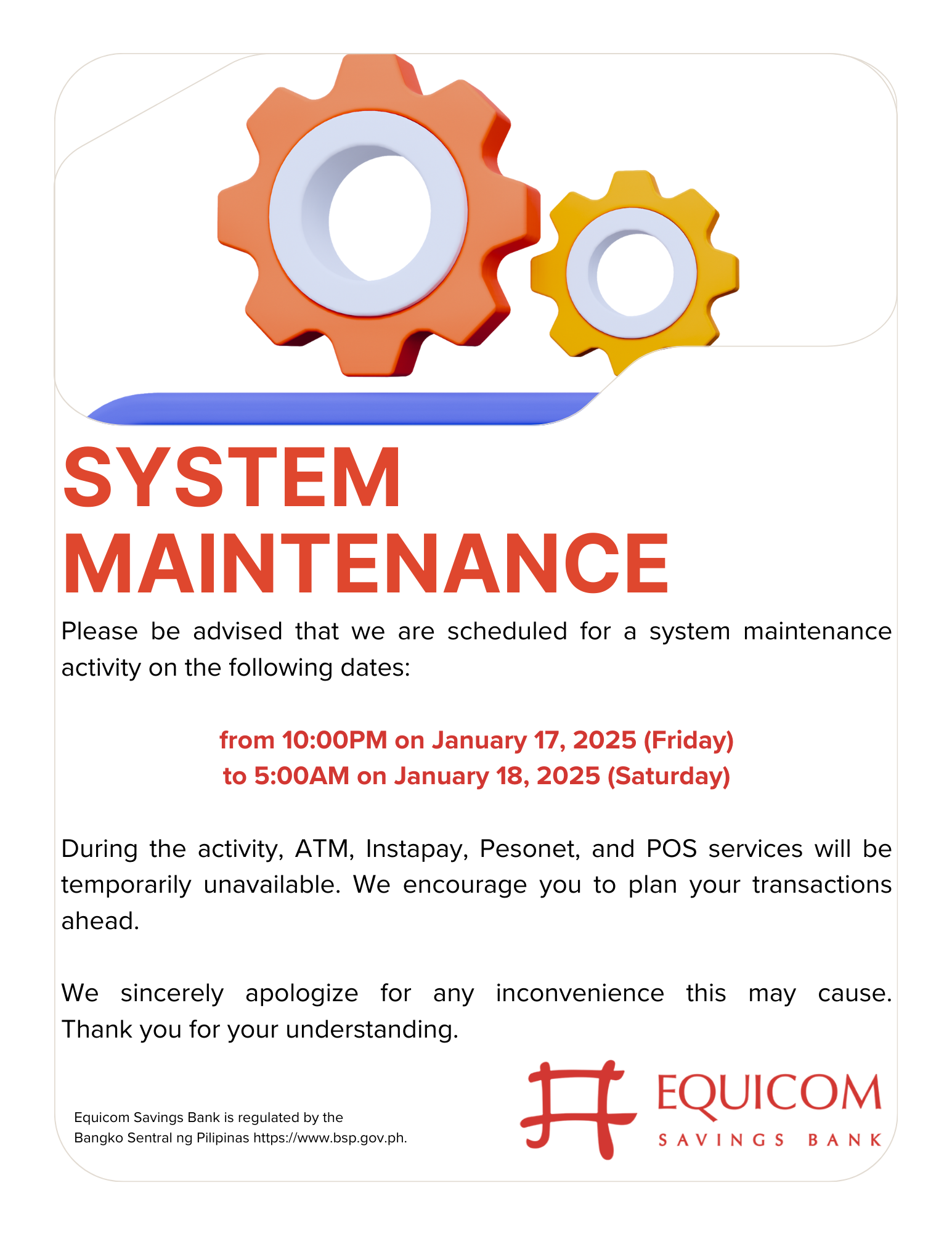 System Maintenance Advisory (January 17 to 18, 2025) - Equicom Savings Bank