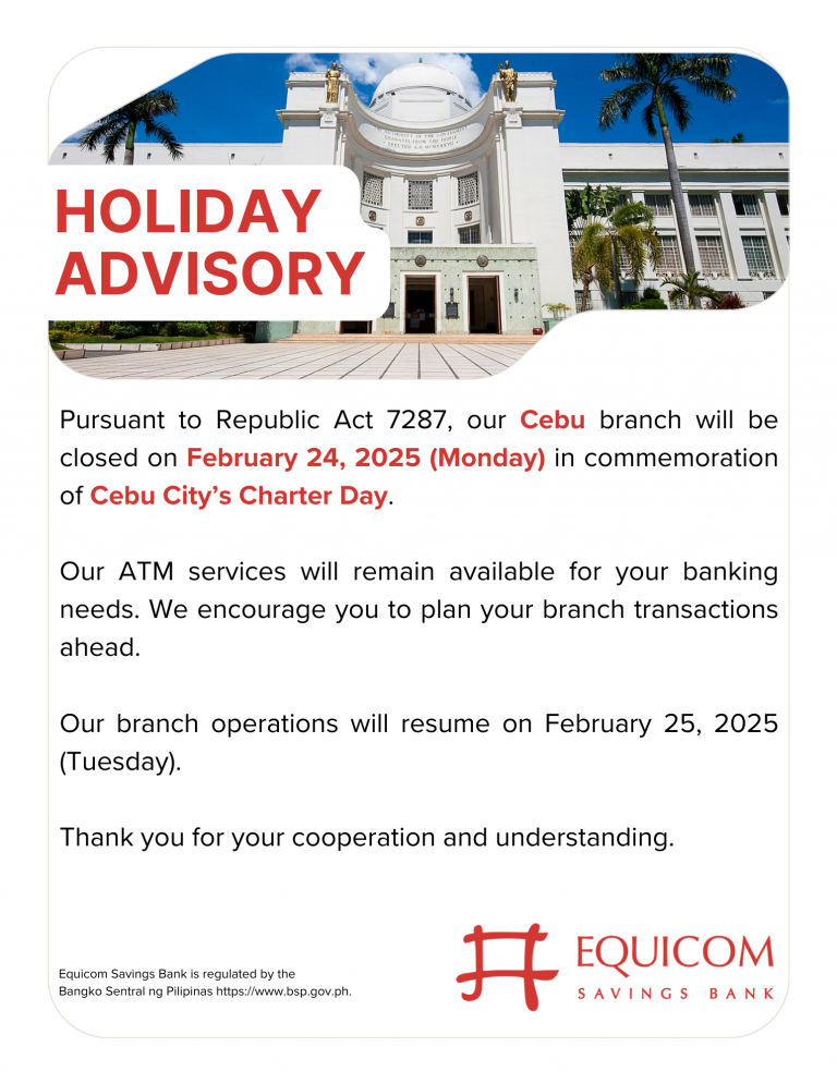 Holiday Banking Advisory: Cebu City Charter Day - Equicom Savings Bank
