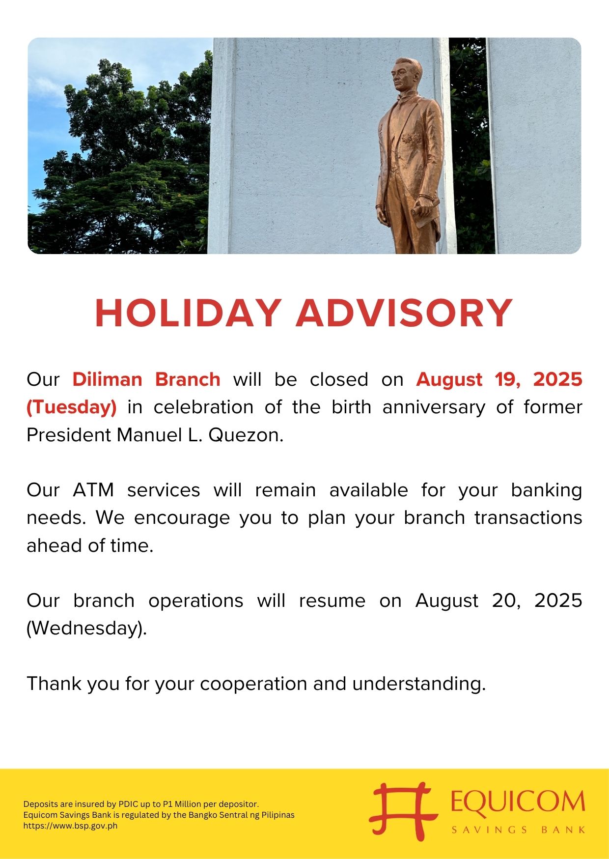 Holiday Banking Advisory: Quezon City Day (August 19, 2025) - Equicom ...